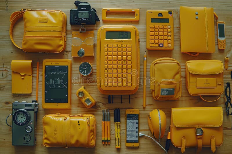 Yellow Leather Goods and Electronic Devices on a Wooden Surface Stock ...