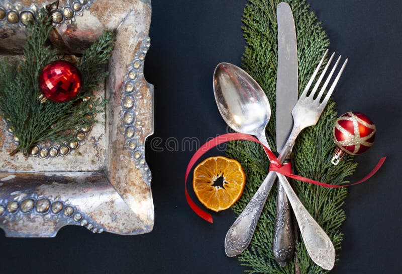 Flat Lay of Festive Christas Table Arrangement with Silverware Stock ...
