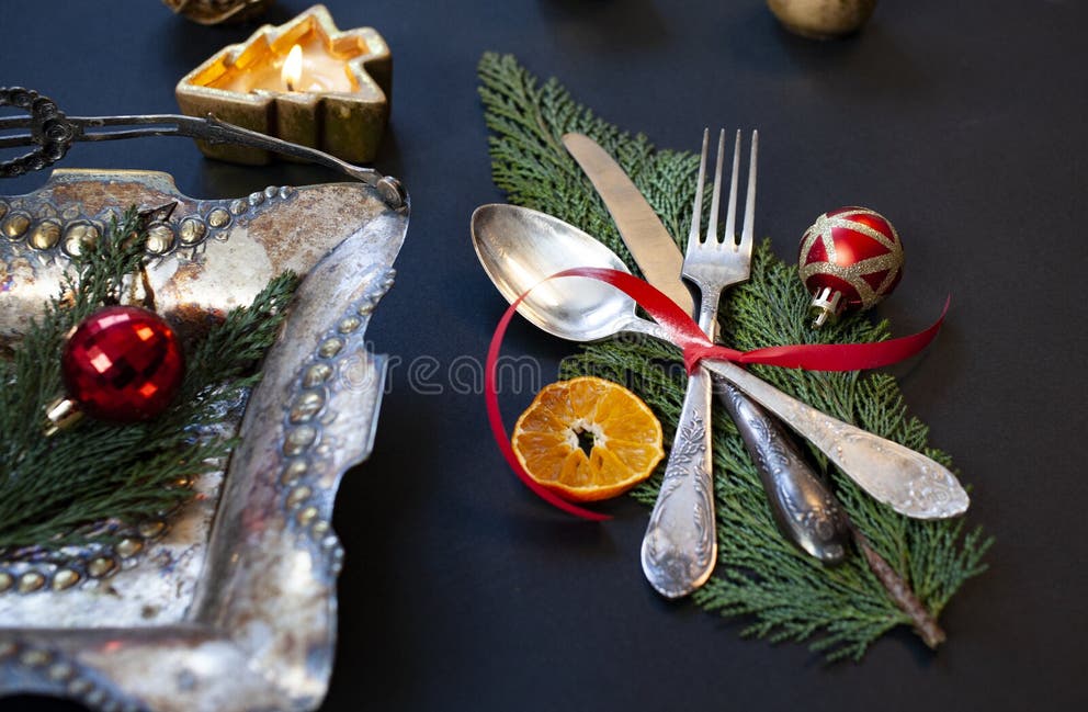 Flat Lay of Festive Christas Table Arrangement with Silverware Stock ...