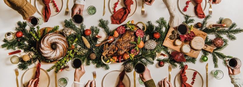 Flat-lay of Festive Christmas Table Setting and Celebrating People ...