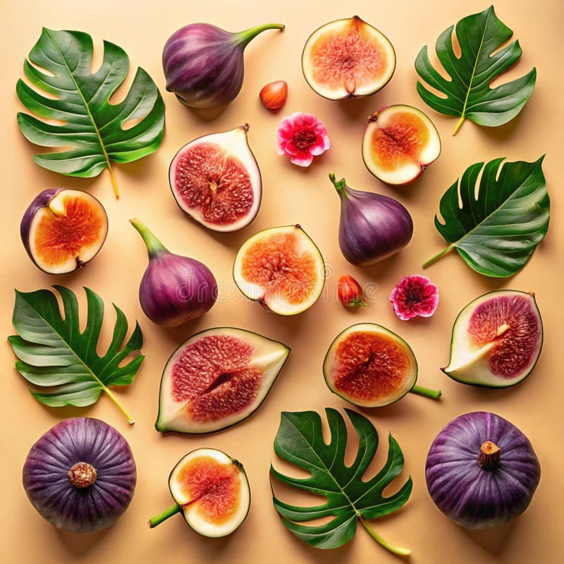 Flat Lay of Figs, Flowers, and Leaves on a Beige Background Stock ...