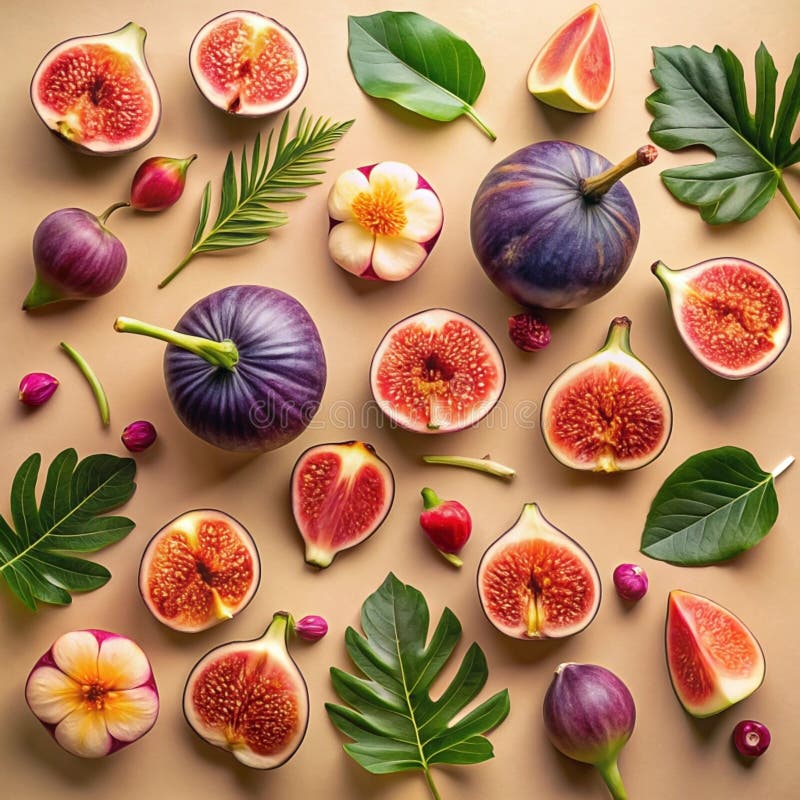 Flat Lay of Figs, Leaves, and Flowers on Beige Background Stock Photo ...