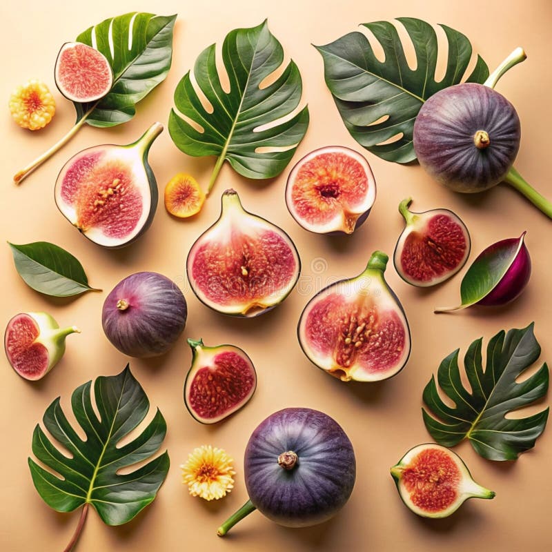 Flat Lay of Figs and Tropical Leaves on Beige Background Stock Image ...