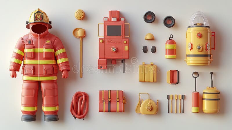Flat Lay of Firefighter Uniform, Equipment, and Vehicle Parts Stock ...