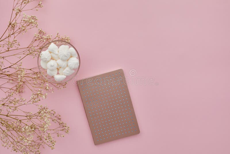 Flat Lay Flowers and a Diary on Pink Background, Top View. Mock Up ...