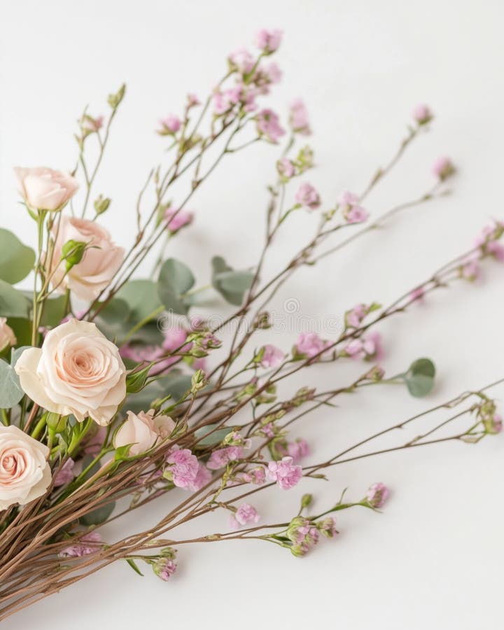 Flat Lay of Fresh Blooming Roses and Greenery, Ideal for Spring and ...