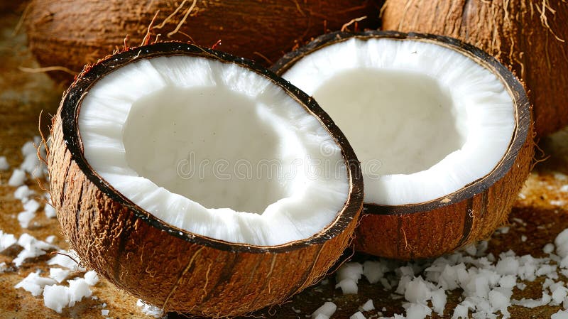 Flat Lay of Fresh Coconut Cut in Half on a Clean Surface. Stock Photo ...