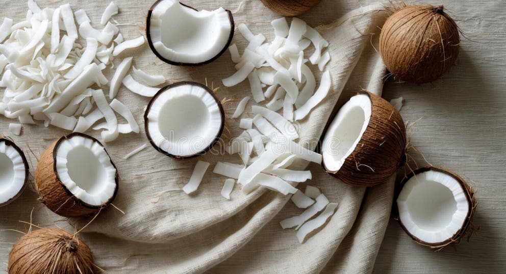 Flat Lay of Fresh Coconuts and Shredded Coconut on a Textured Fabric ...