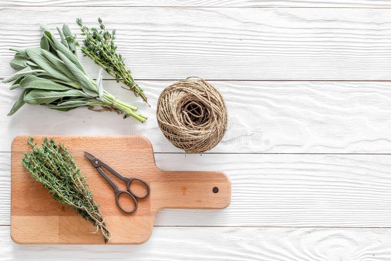 Flat Lay with Fresh Herbs and Greenery for Drying and Making Spices Set ...