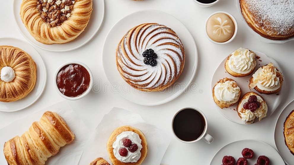 Flat Lay of Fresh Pastries and Coffee on a White Table, Space for Text ...