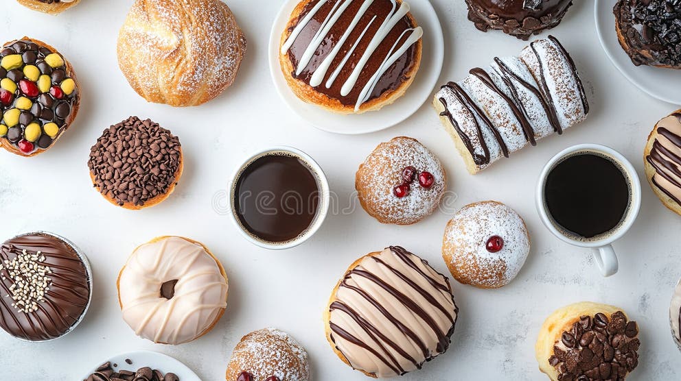 Flat Lay of Fresh Pastries and Coffee on a White Table, Space for Text ...
