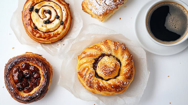 Flat Lay of Fresh Pastries and Coffee on a White Table, Space for Text ...