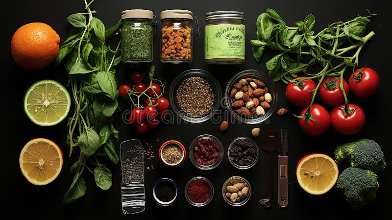A Flat Lay of Fresh Produce, Spices, and Nuts on a Black Background ...