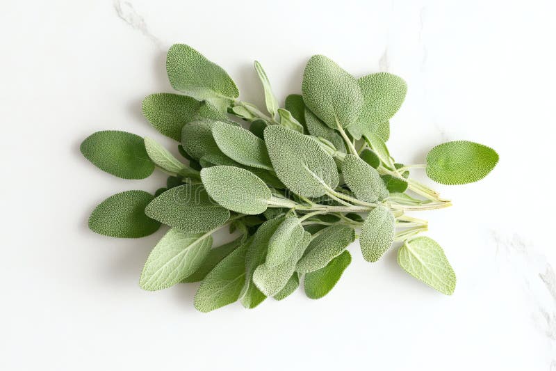 A Flat Lay of Fresh Thyme and Sage Arranged on a Smooth White Stock ...
