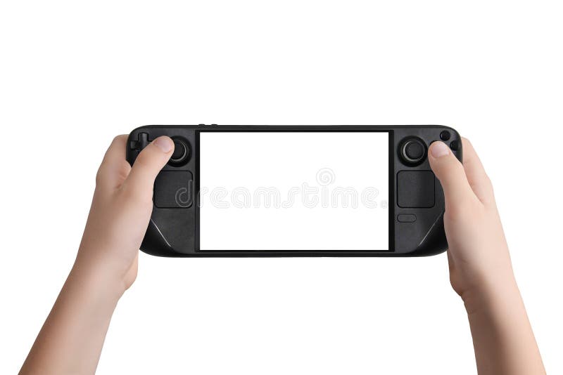 Flat Lay or Front View of Hands Holding a Black Handheld Gaming Console ...