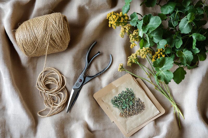 A Flat Lay of Garden Twine, Scissors, and Seed Packets on a Soft Beige Stock Photo - Image of ...