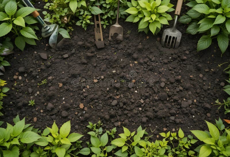 Flat Lay of Gardening Items and Plants Forming a Border on Rich Soil ...