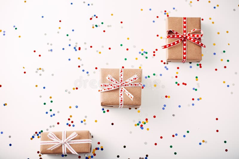 Flat Lay with Gift Box Wrapped in Craft Paper Stock Image - Image of ...