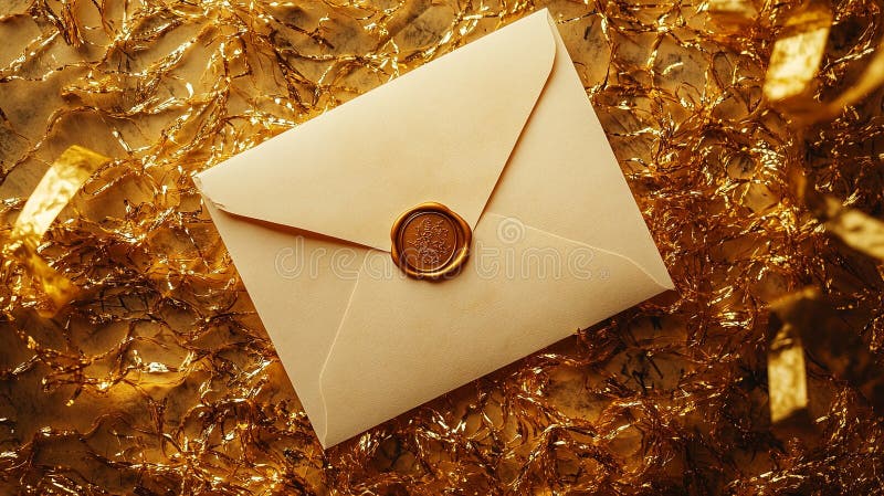 A Flat-lay of Golden Streamers and a Blank Envelope with a Wax Seal ...