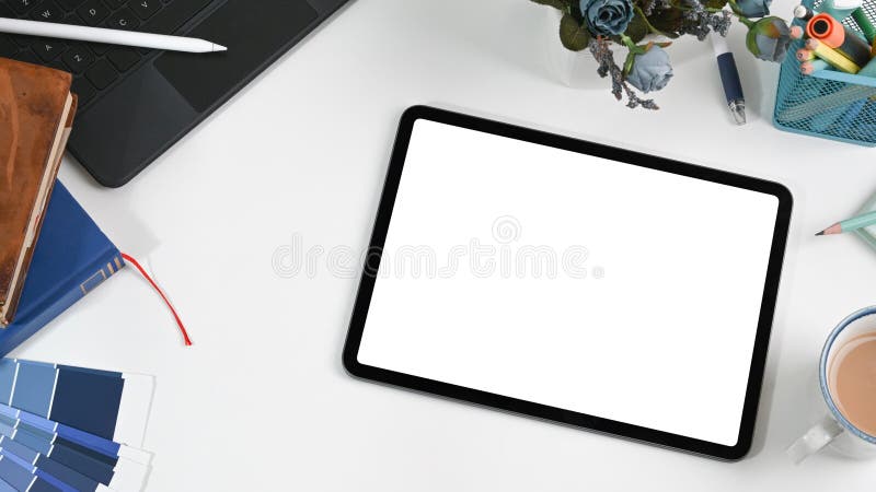 Graphic Designer Work Table with Digital Tablet, Stationery, Coffee Cup ...