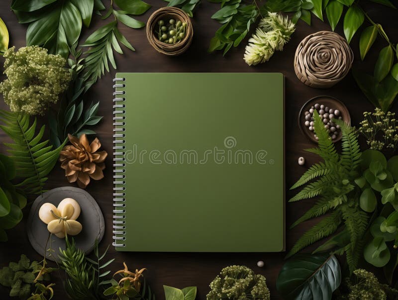 Flat Lay of Green Blank Note Book with Flower and Leaves Around Stock ...