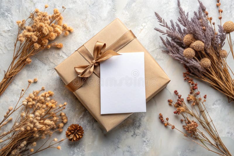 Flat Lay Greeting Card Mockup with a Gift Box Stock Illustration ...