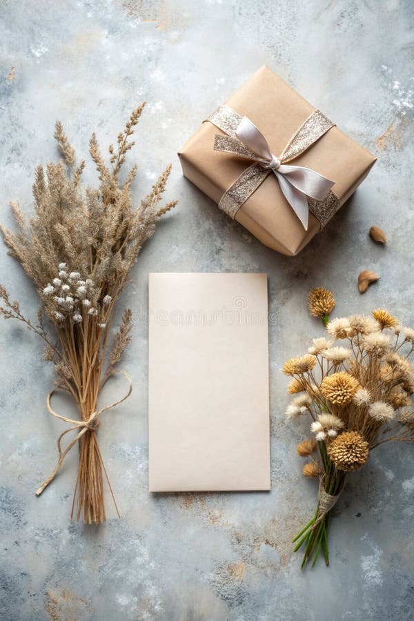 Flat Lay Greeting Card Mockup with a Gift Box Stock Illustration ...