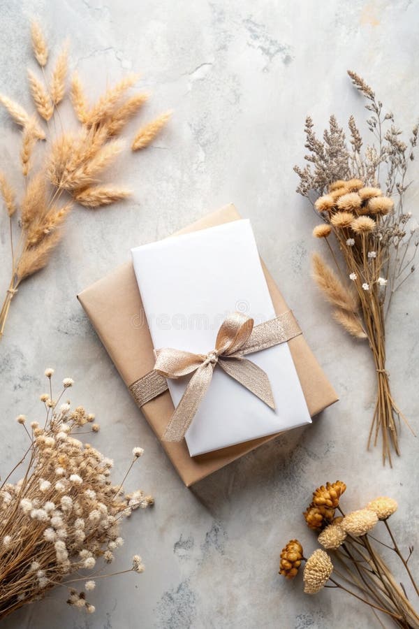 Flat Lay Greeting Card Mockup with a Gift Box Stock Illustration ...