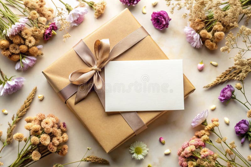 Flat Lay Greeting Card Mockup with a Gift Box Stock Illustration ...