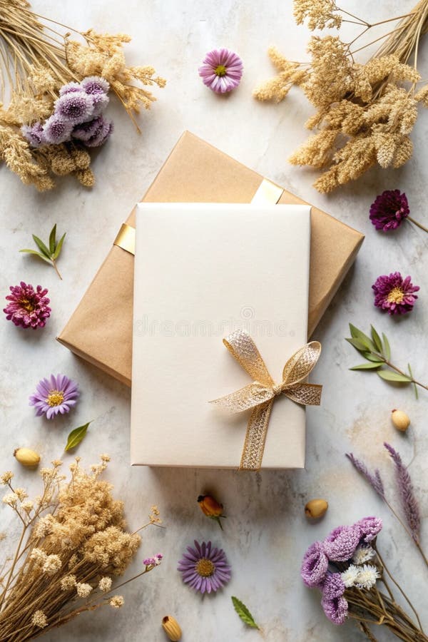 Flat Lay Greeting Card Mockup with a Gift Box Stock Illustration ...