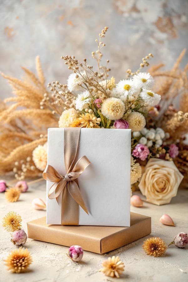 Flat Lay Greeting Card Mockup with a Gift Box Stock Illustration ...