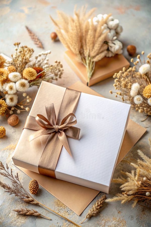 Flat Lay Greeting Card Mockup with a Gift Box Stock Illustration ...