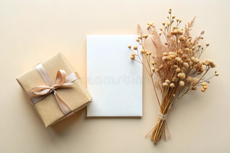 Flat Lay Greeting Card Mockup with a Gift Box Stock Illustration ...