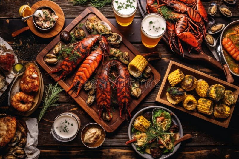 Flat Lay of Grilled Seafood and Matching Craft Beers Stock Image ...
