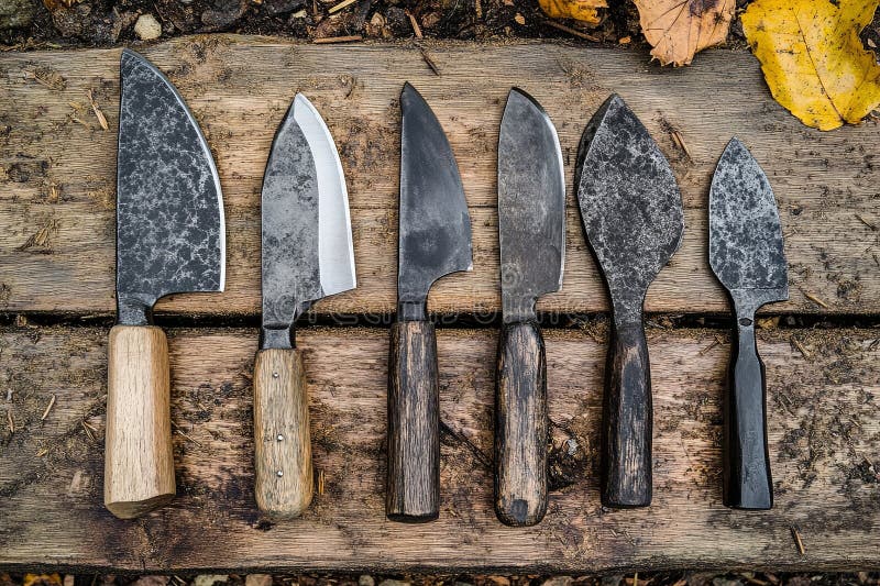 A Flat Lay of Hand-forged Metal Tools Arranged on a Rustic Workbench ...