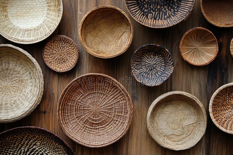 A Flat Lay of Hand-woven Baskets Placed on a Smooth Wooden Table Stock ...