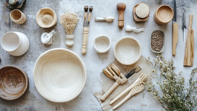 A Flat Lay of Handmade Ceramic Tools Styled on a Clean Stone Table ...