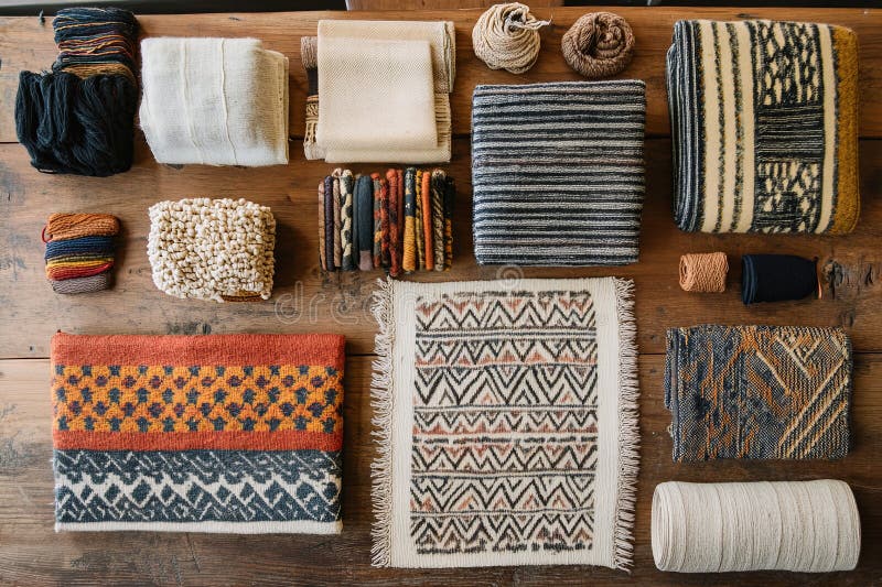 A Flat Lay of Handmade Textiles Arranged on a Natural Wooden Table ...