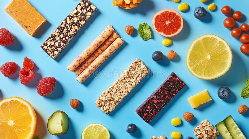 A Flat Lay of Healthy Snacks and Protein Bars Arranged on a Bright ...