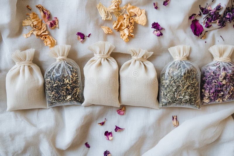 A Flat Lay of Herbal Tea Sachets Styled on a Soft Fabric Background ...