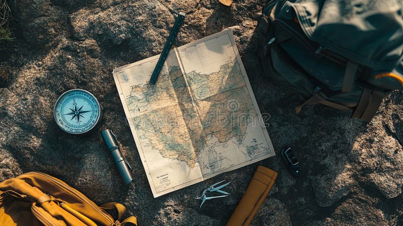 A Flat Lay of Hiking Essentials, Including a Map, Compass, and Multi ...