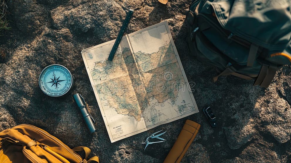 A Flat Lay of Hiking Essentials, Including a Map, Compass, and Multi ...