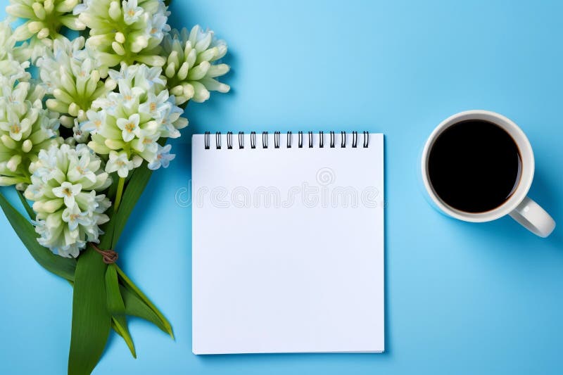 Flat Lay with Hyacinth Blossom with Coffee Cup and Open Notebook ...