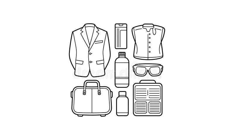 Mens Essentials Flat Lay Top Down Line Art Illustration Black White ...