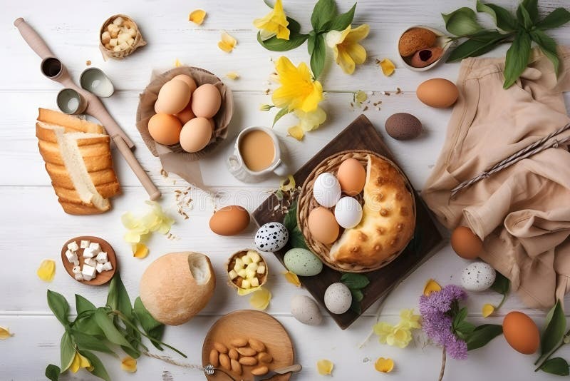 Flat Lay Illustration of Easter Sunday Breakfast with Different Food ...