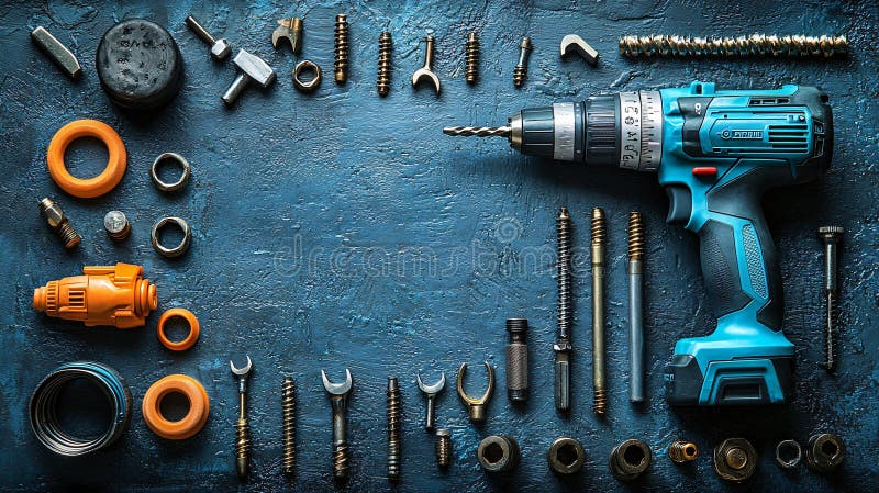 Blue Cordless Drill Tools on Dark Blue Background AI Generated. Stock ...