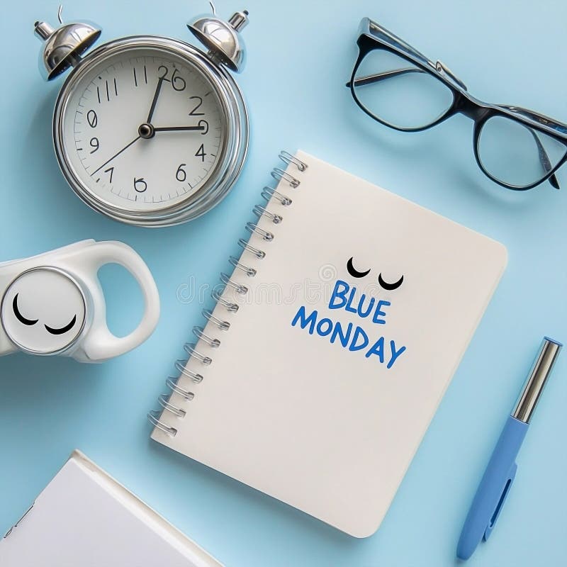A Flat Lay Image of a Blue Monday Themed Desk Setup Featuring a Clock ...