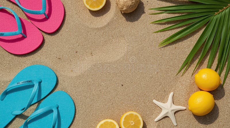 Top View of Colorful Summer Beach Essentials on Sandy Shore Stock ...