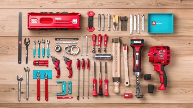A Flat Lay Image Showcasing a Variety of Tools Organized on a Wooden ...