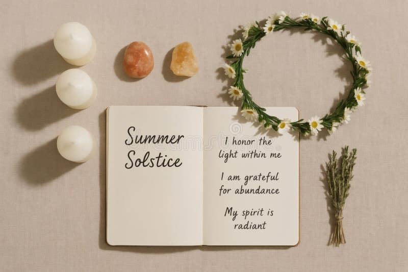 Summer Solstice Ritual Flat Lay with Candles, Crystals, Affirmation ...